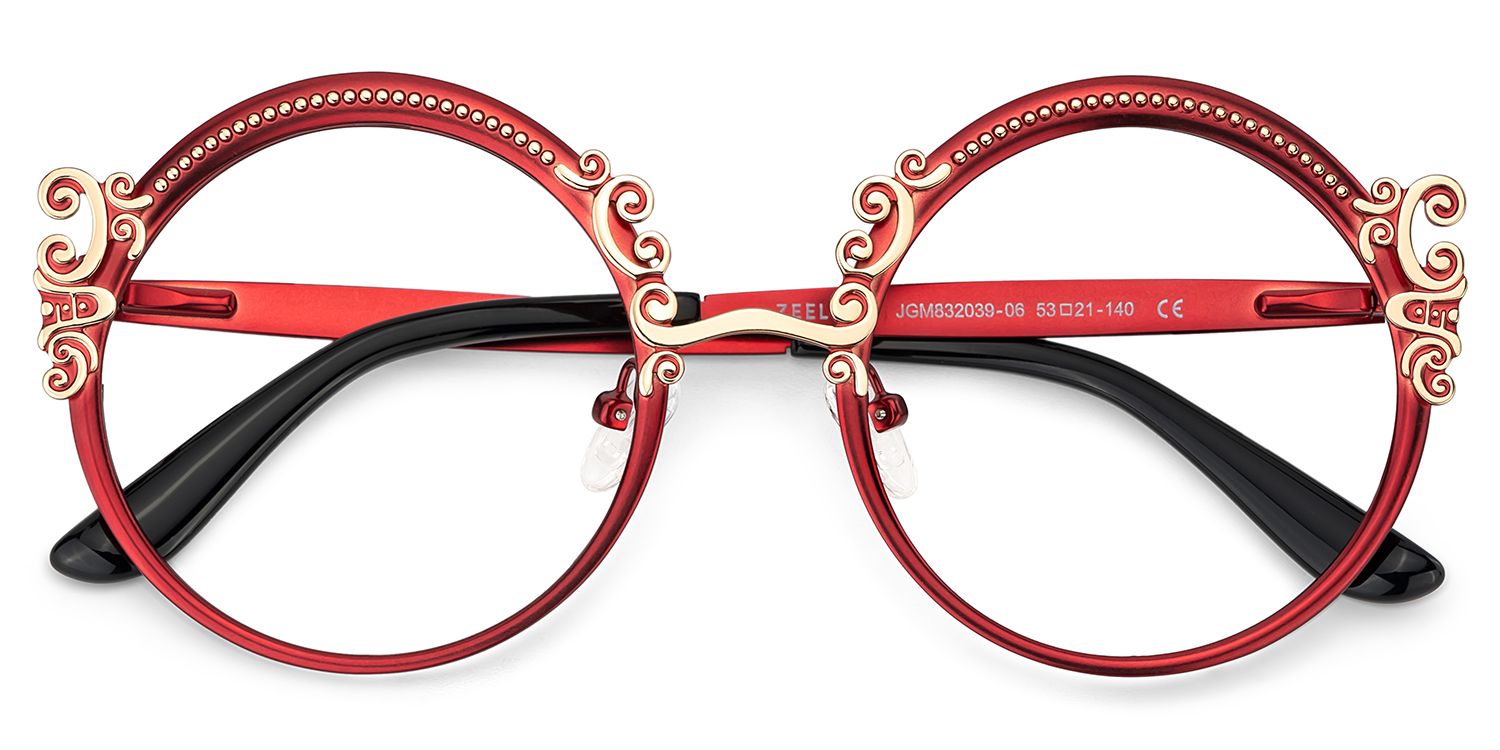 Red Round Glasses Frames With Carved Floral Pattern