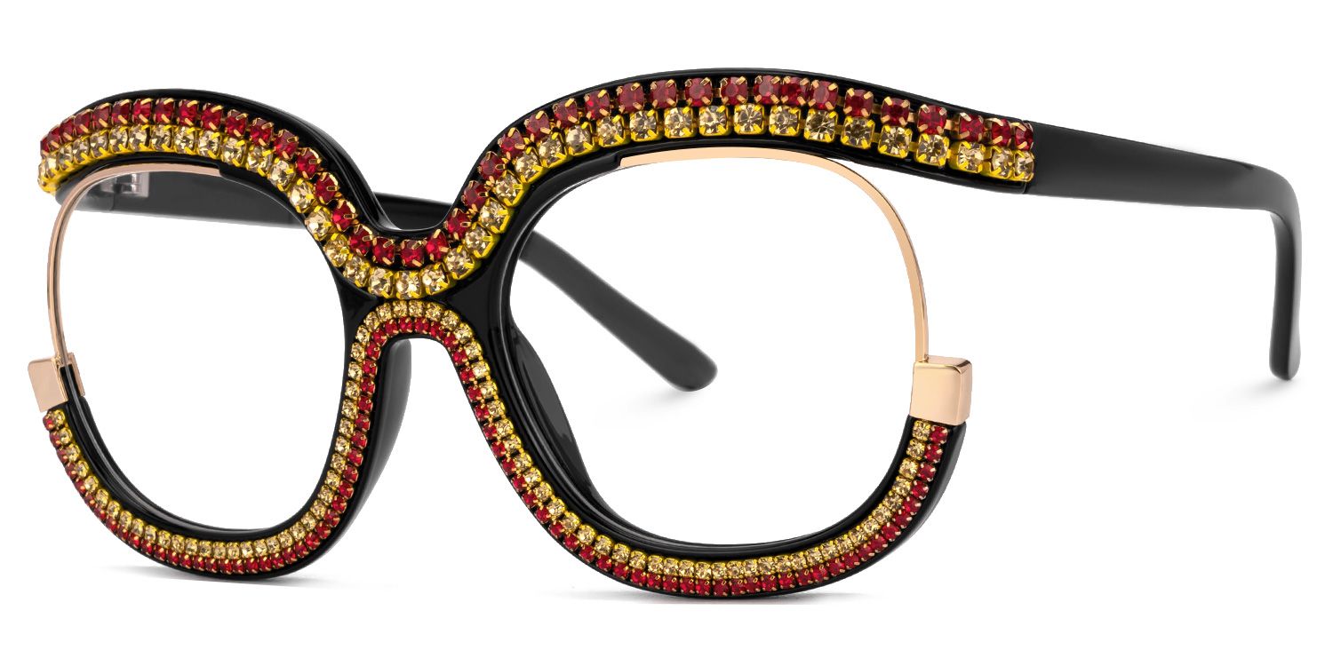 Veasley Yellow-Red Rhinestone Square Bling Glasses