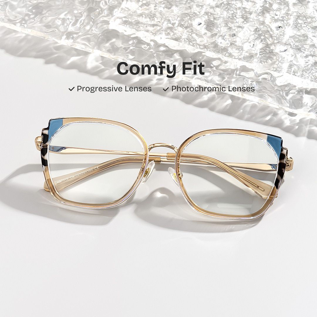 Beige Metal Frame Glasses With Wide Size For Women