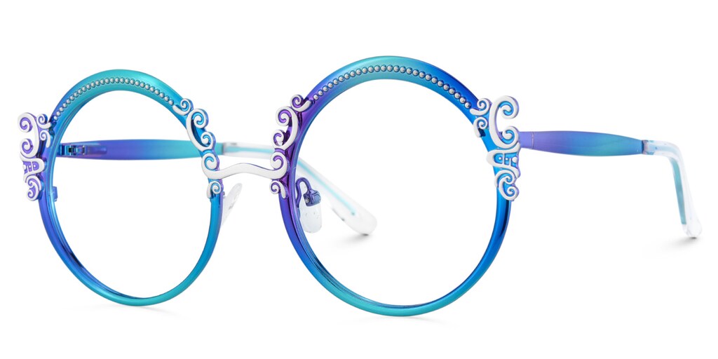 Blue Retro Round Glasses With Carved Floral Pattern