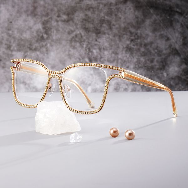 Half Rim Square Glasses With Decorated Shiny Diamonds