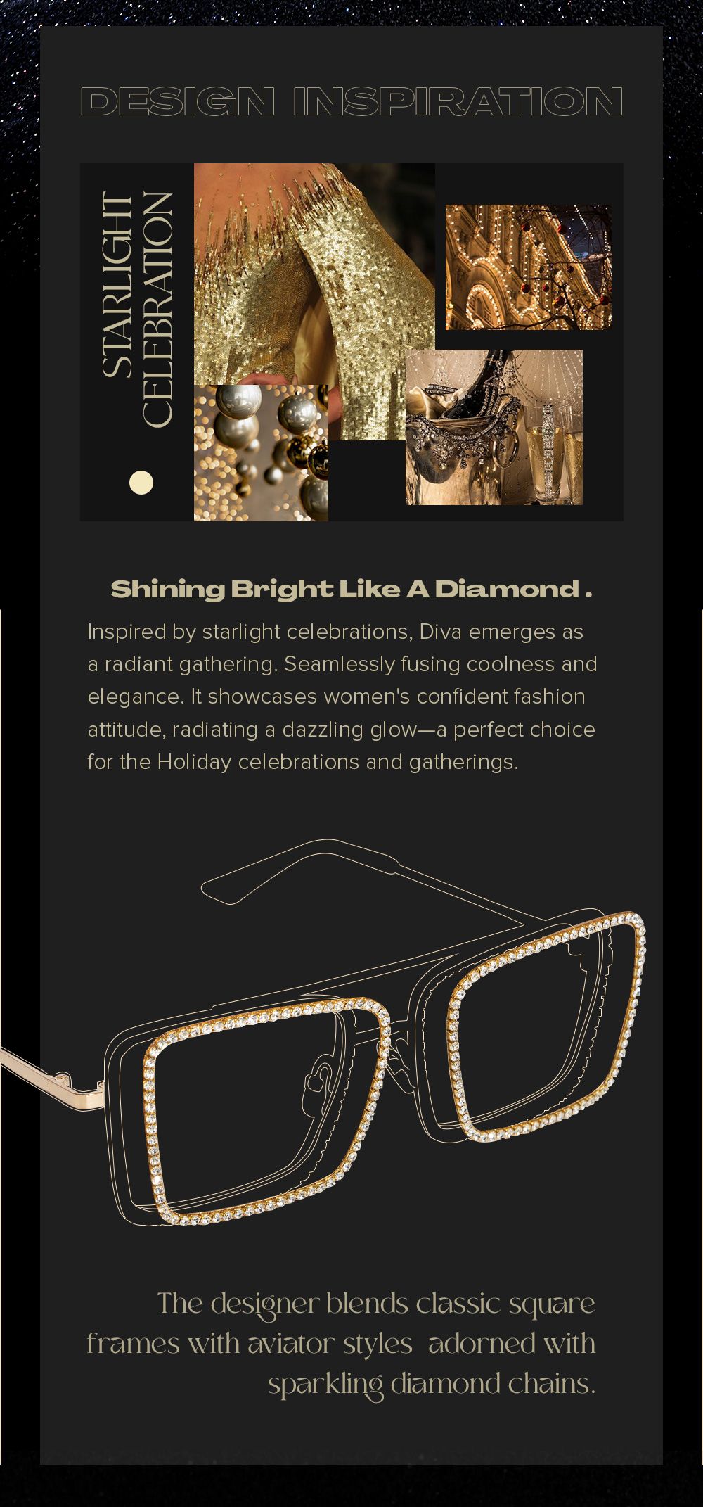 Diva Glasses, Gold Sparkle Eyelasses in Square Frames