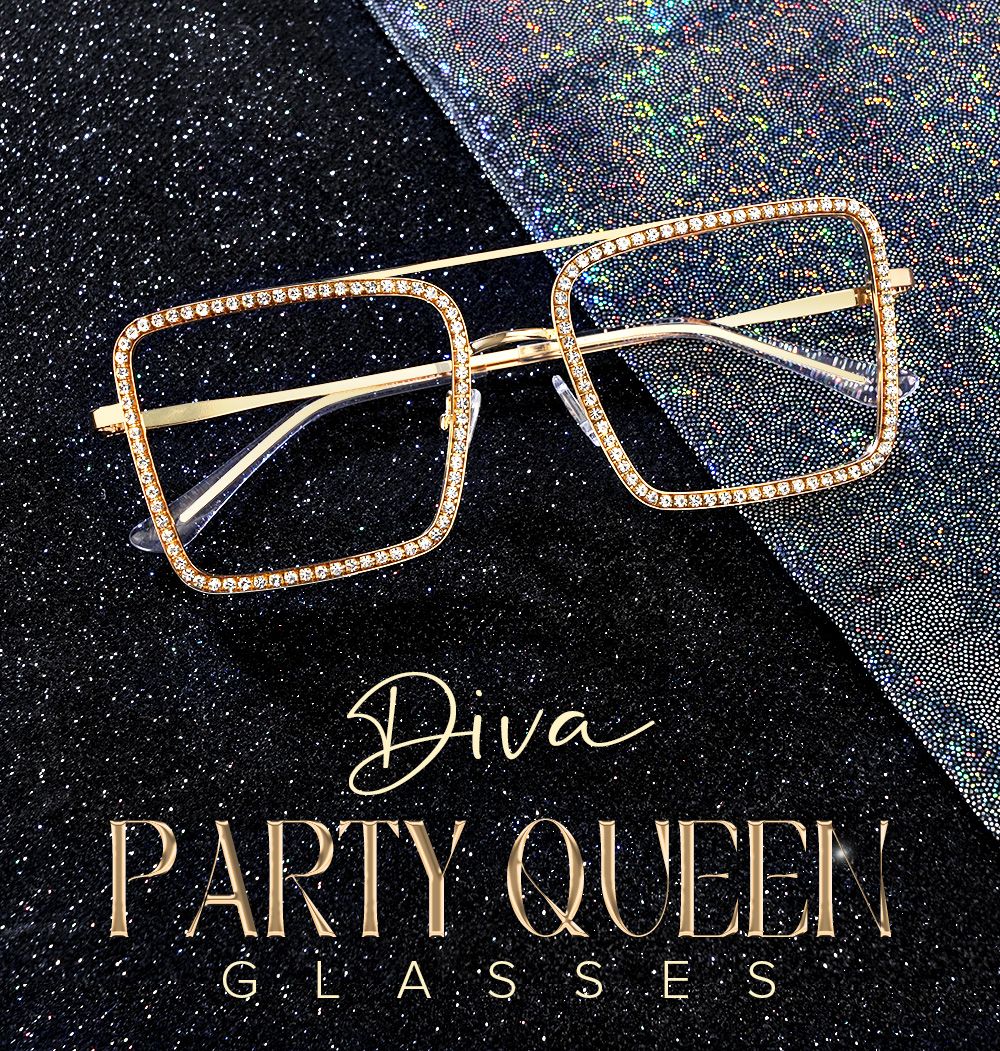 Diva Glasses, Gold Sparkle Eyelasses in Square Frames
