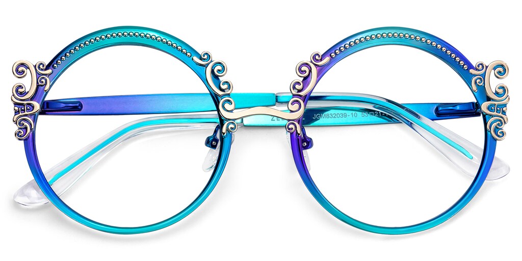 Blue Retro Round Glasses With Carved Floral Pattern